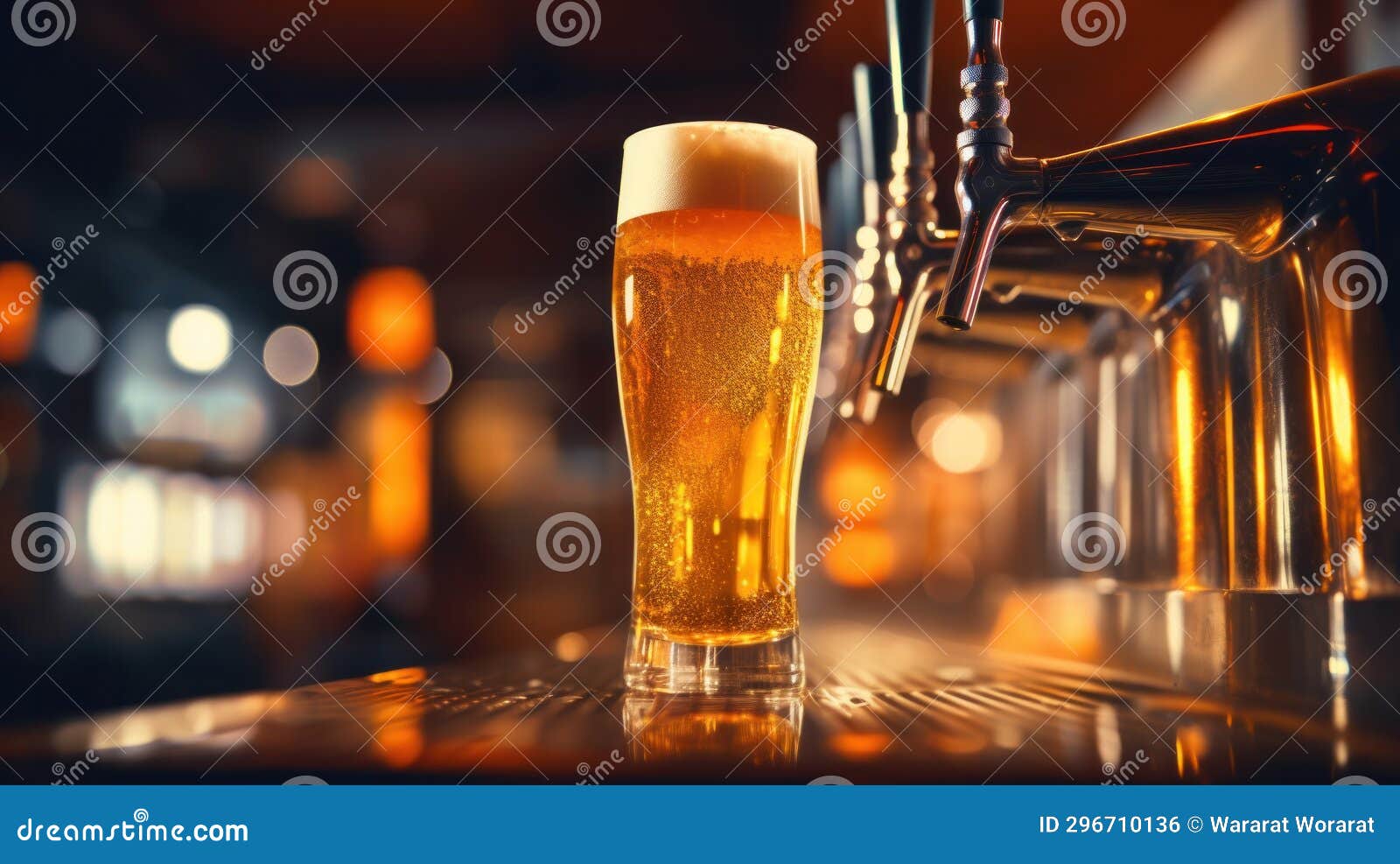 A Light Beer that is Poured from Beer Tap on Bar Counter Stock ...