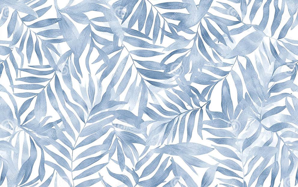 Light Blue Abstract Leaf Pattern with Various Tropical Foliage Arranged ...