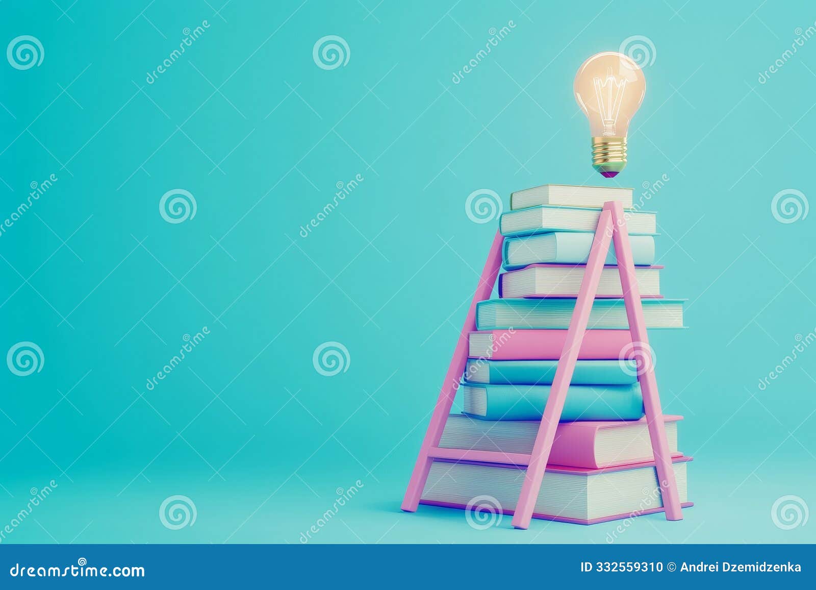 Light Blue Background with Books, Ladders, and Lightbulb. 3D Rendering ...