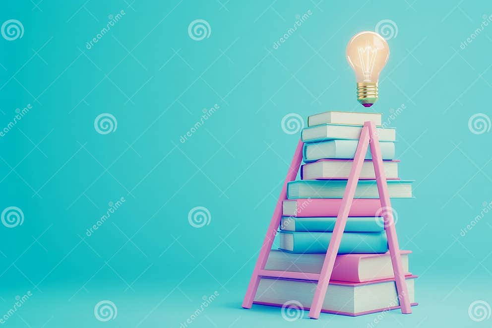 Light Blue Background with Books, Ladders, and Lightbulb. 3D Rendering ...