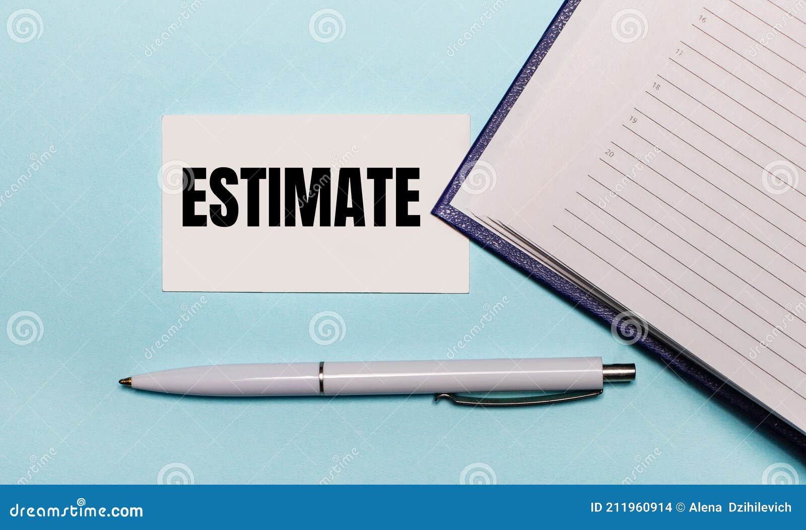 On a Light Blue Background, an Open Notebook, a White Pen and a Card ...