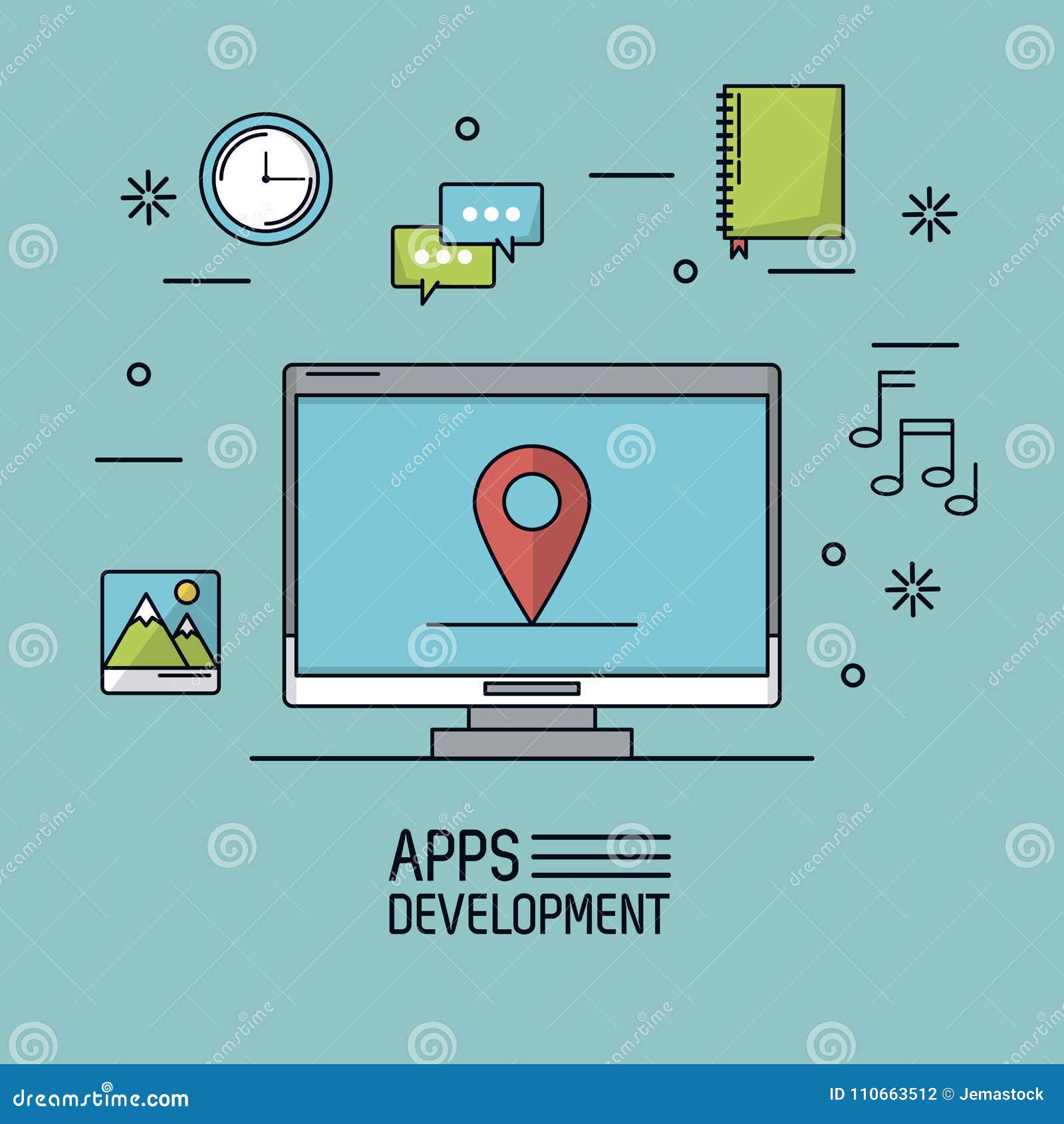 Light Blue Background Poster of Apps Development with Desktop Computer ...