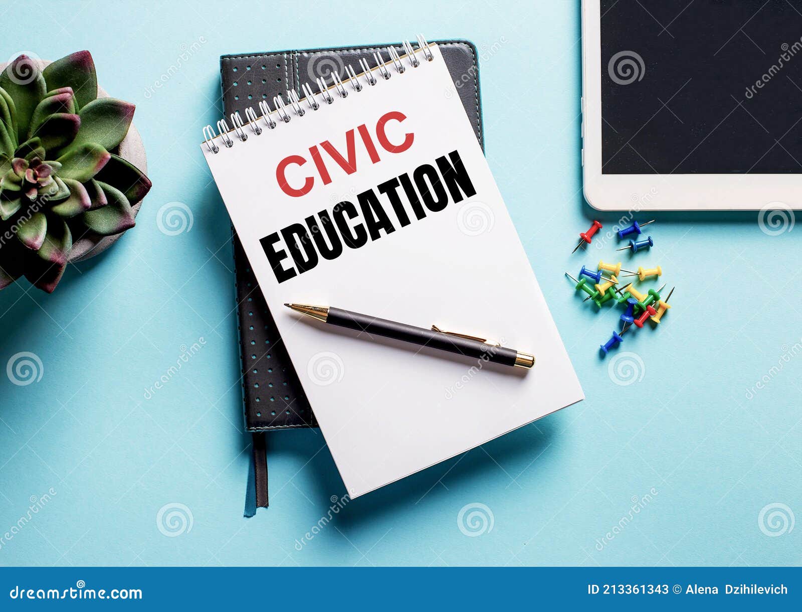 On a Light Blue Background, There is a Potted Plant, a Tablet and a ...