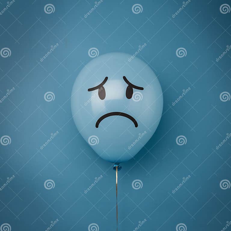 Light Blue Balloon with Sad Face Floating Against Solid Blue Background ...