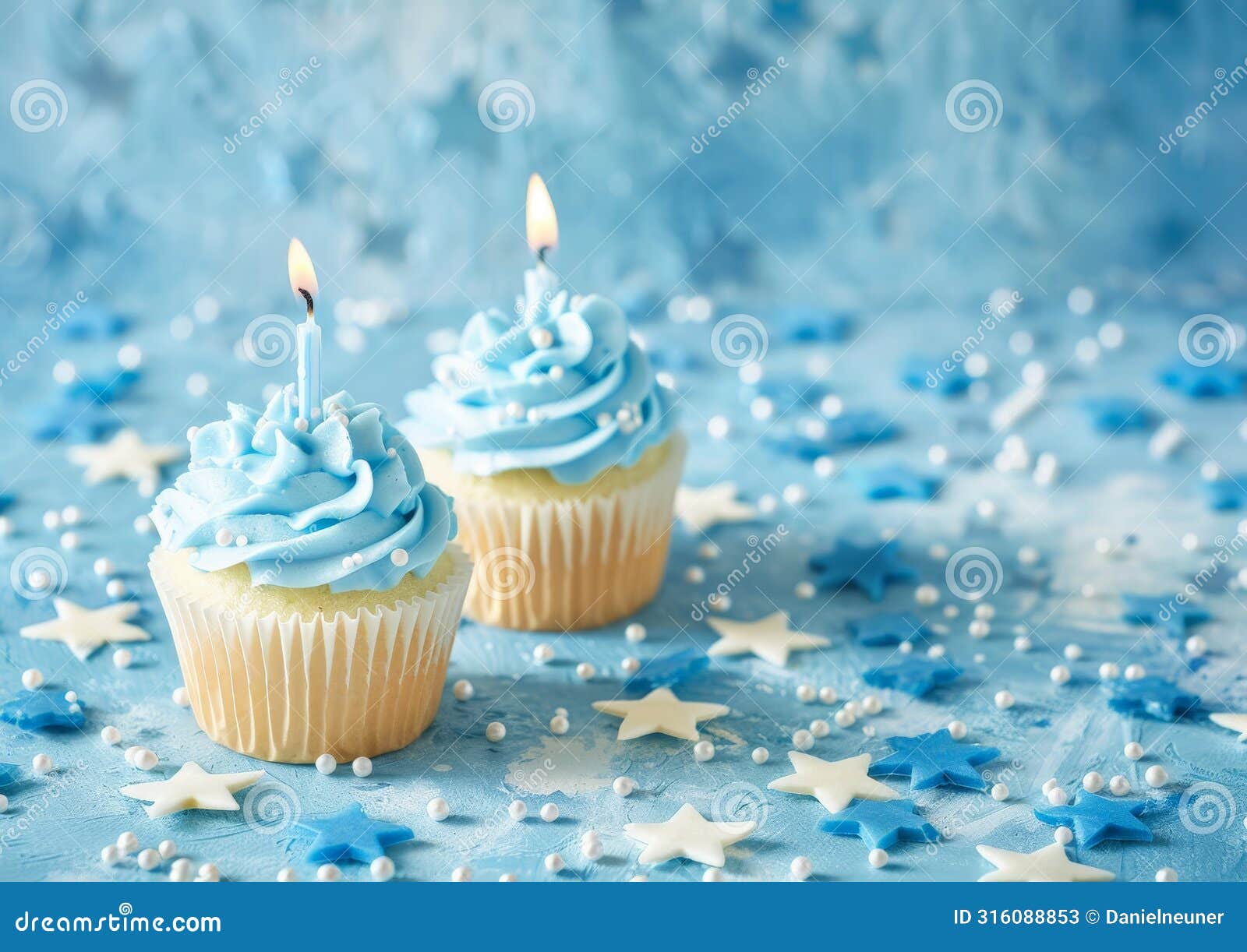 Light Blue Birthday Background with Two Cupcakes and Candles Stock Illustration - Illustration ...