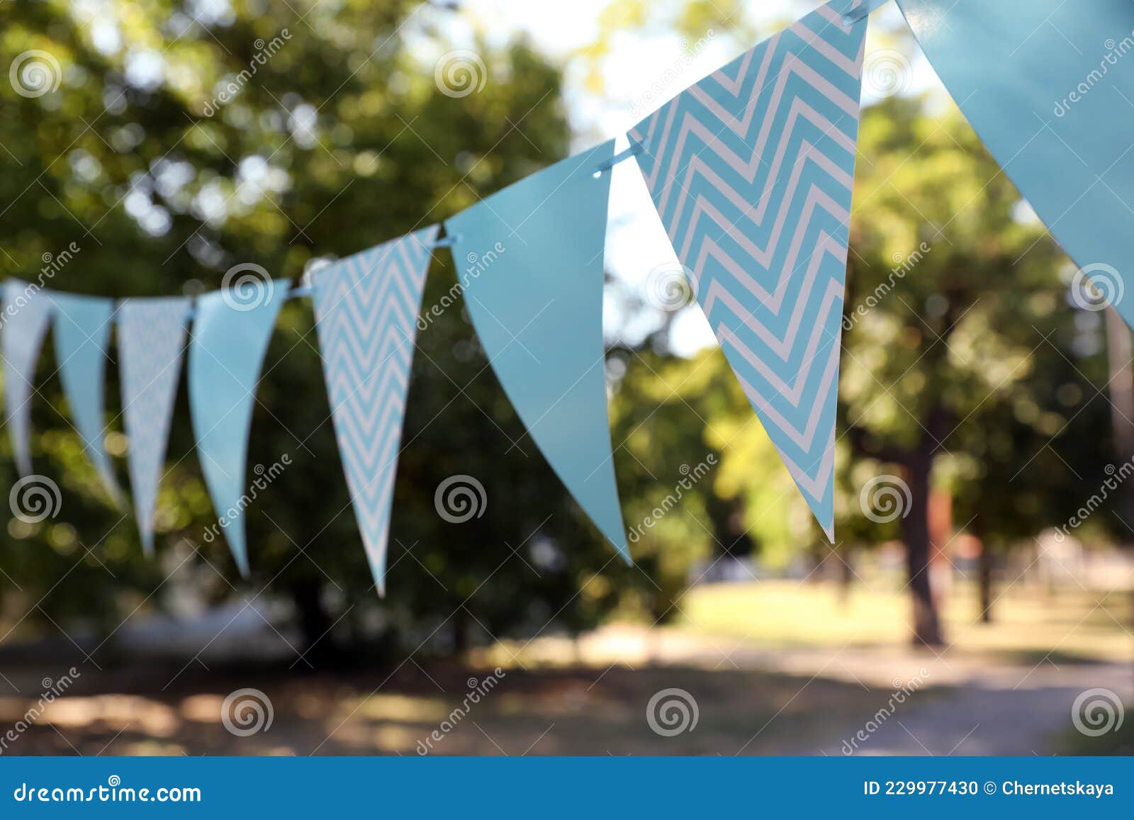 Light Blue Bunting Flags in Park. Party Decor Stock Photo - Image of ...