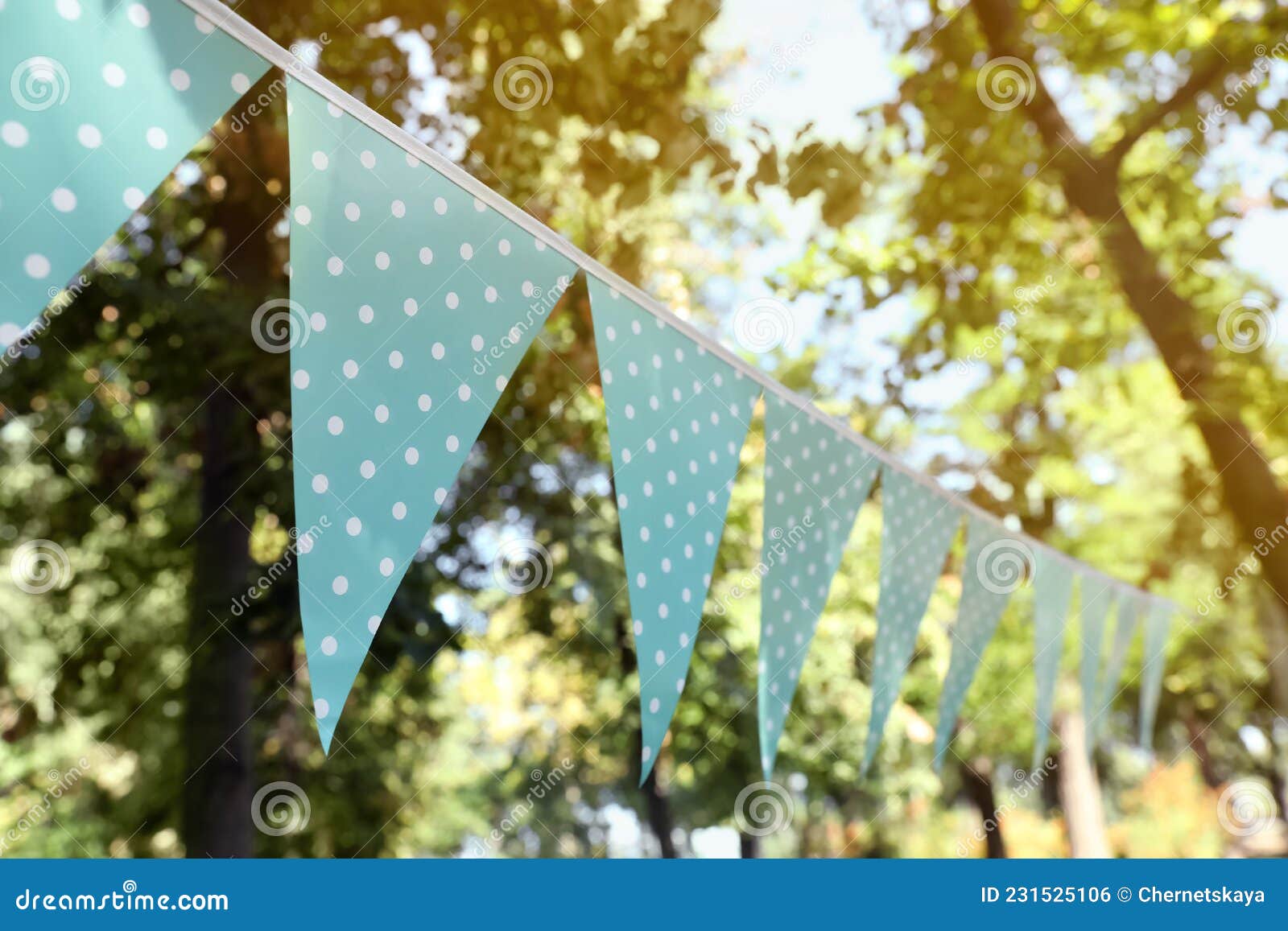 Light Blue Bunting Flags in Park. Party Decor Stock Photo - Image of ...