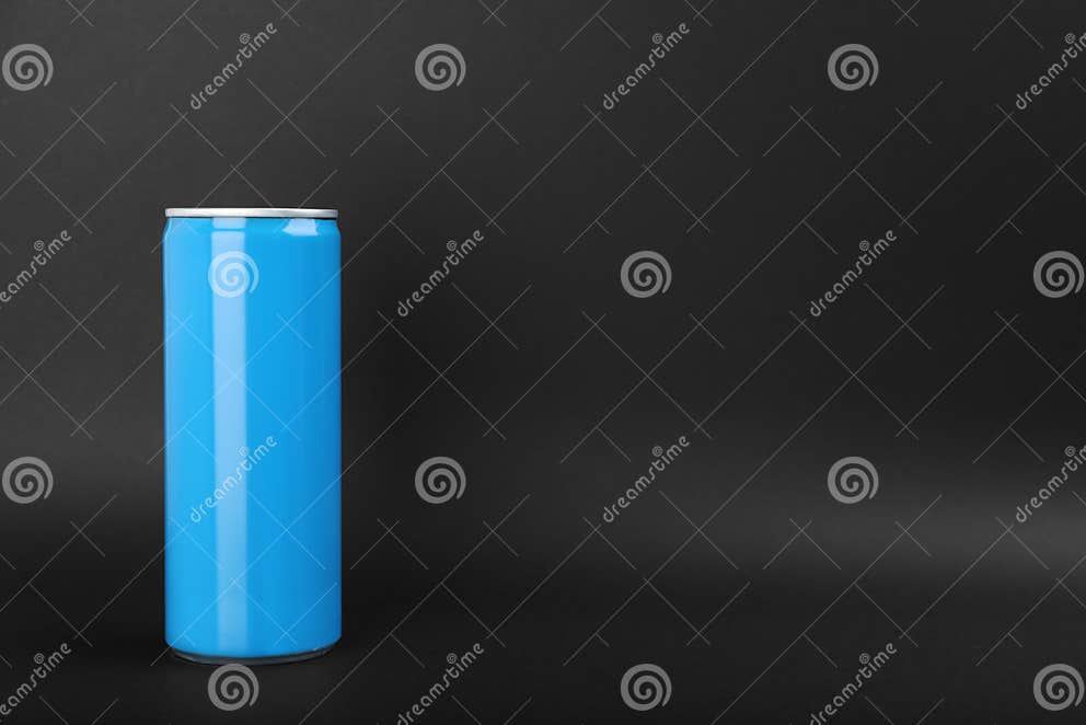 Light Blue Can of Energy Drink on Black Background. Space for Text ...