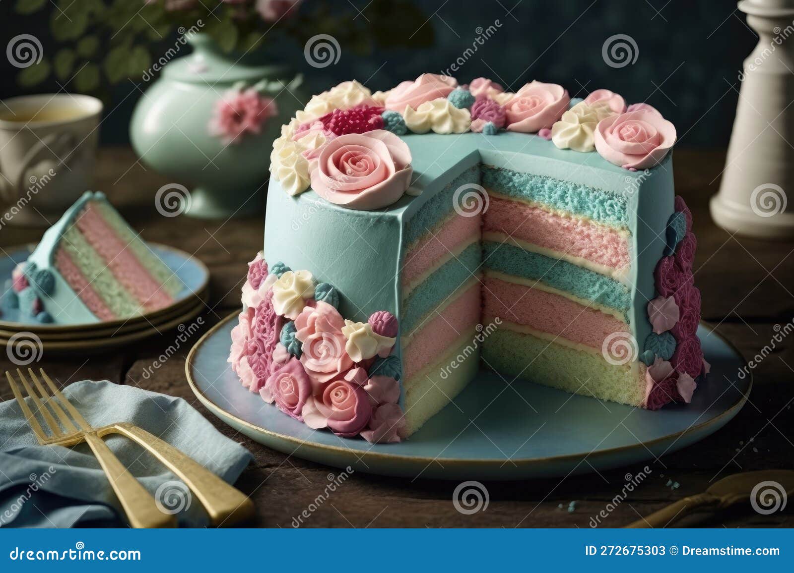 Light Blue Delicious Multi-layered Birthday Cake with Pink Decorations ...