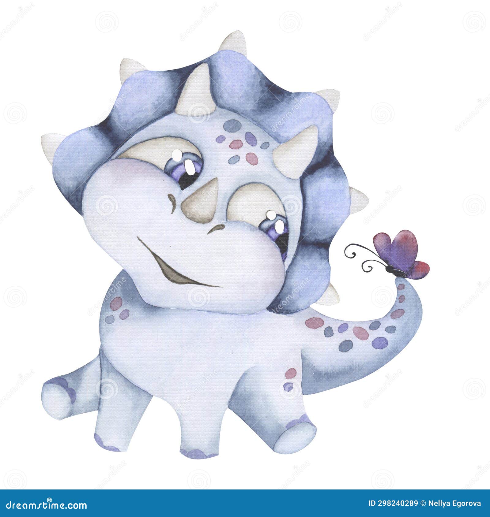 Hand-drawn Watercolor Light Blue Dinosaur with a Butterfly Stock Image ...