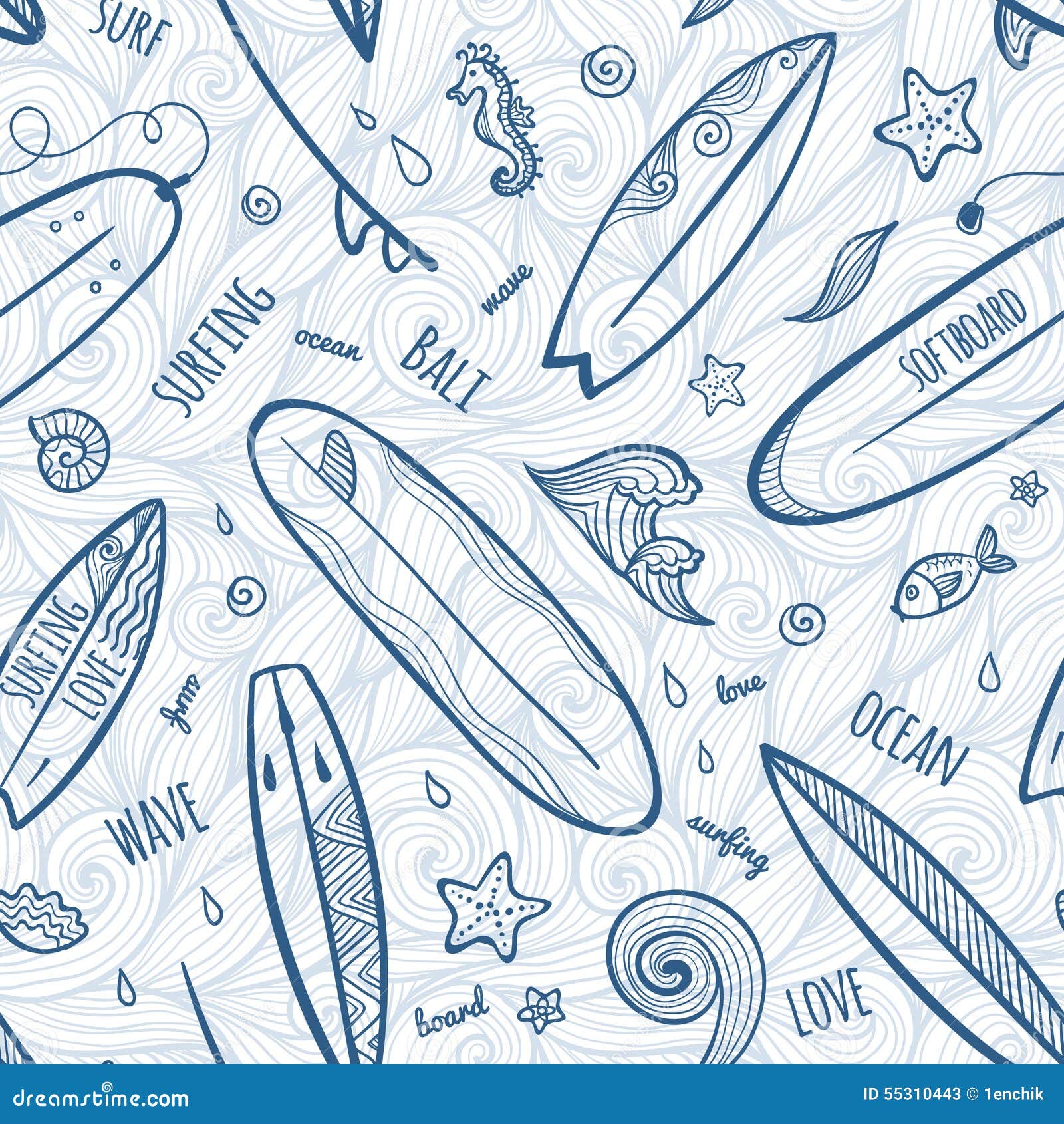 Light Blue Doodle Surfing Boards Seamless Pattern Stock Vector ...