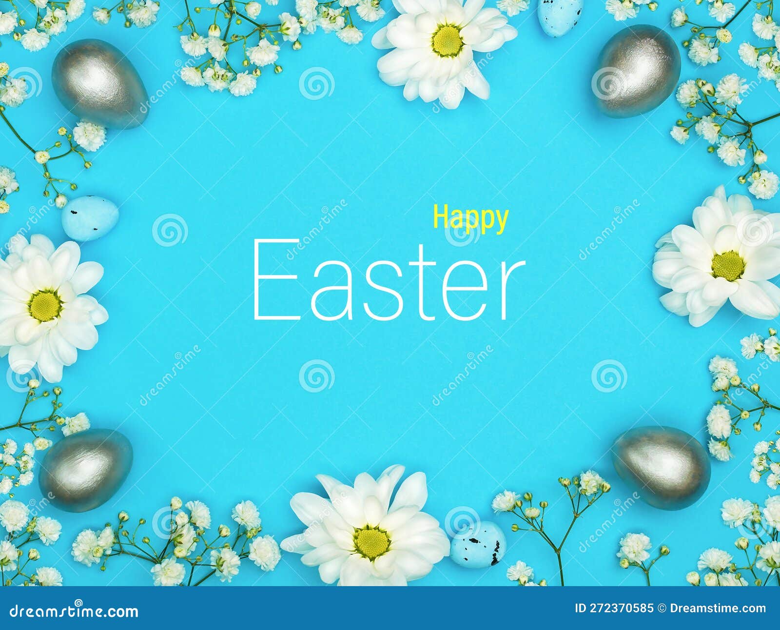 Light Blue Easter Greeting Card with Flowers and Eggs. Bright Beautiful ...