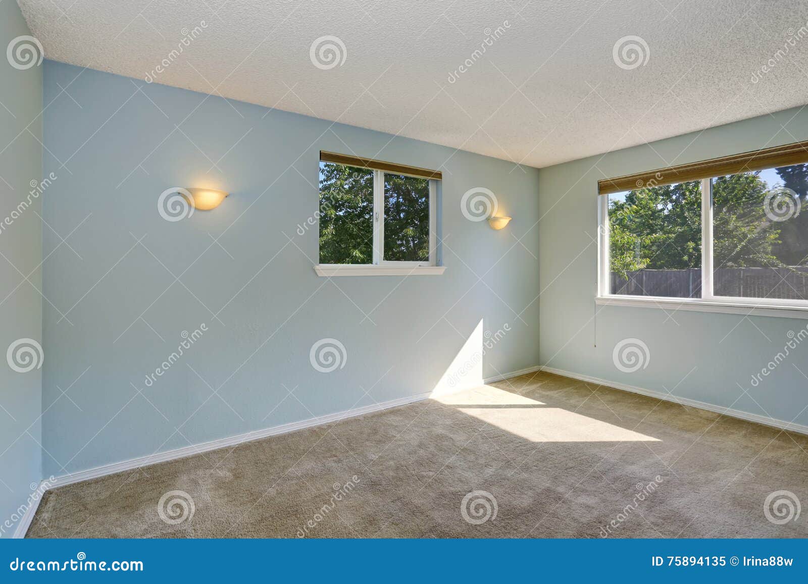 Light Blue Empty Room Interior with Rustic Wall Lamps. Stock Image ...