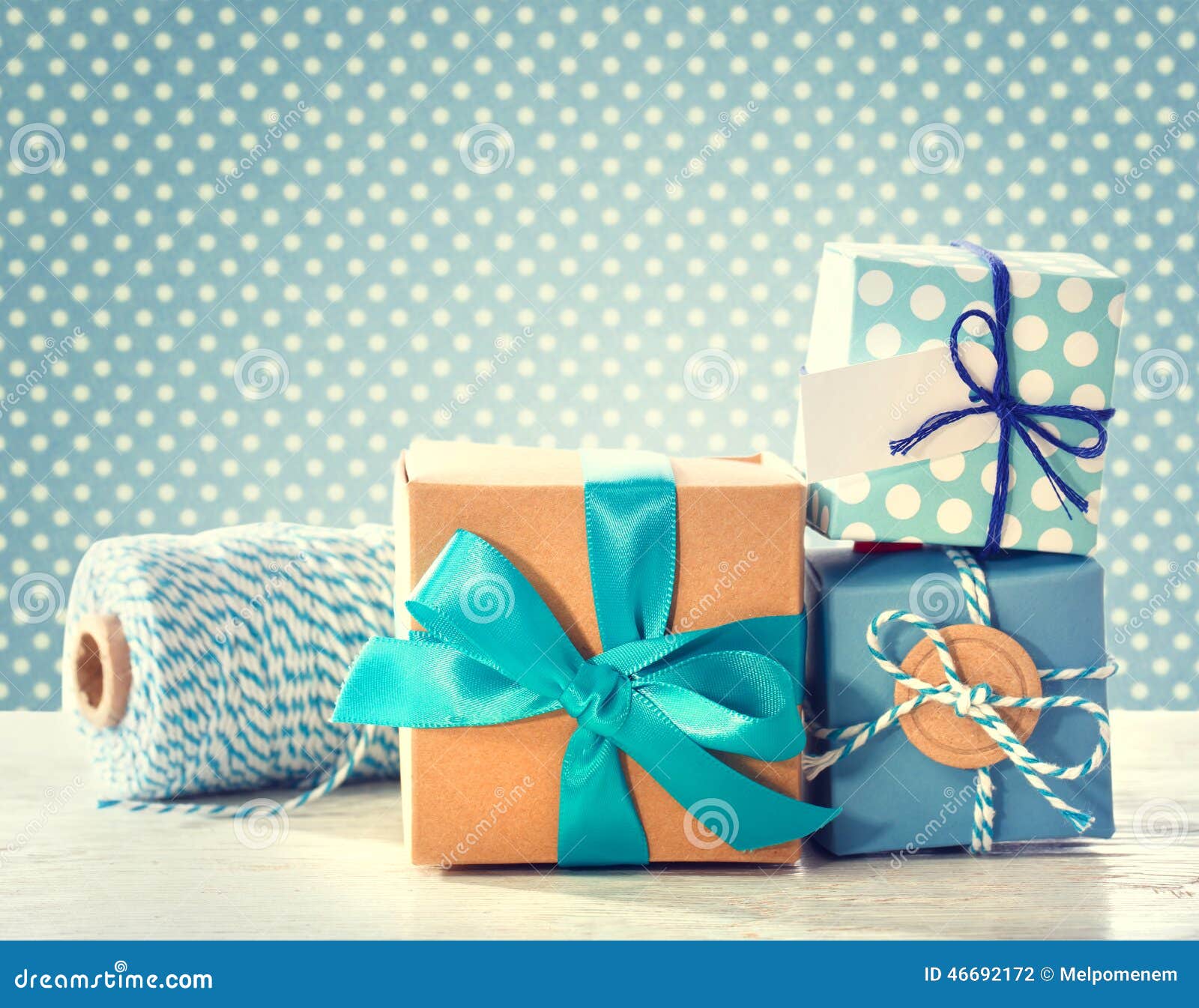 Light Blue Handmade Present Boxes Stock Photo - Image of copyspace ...