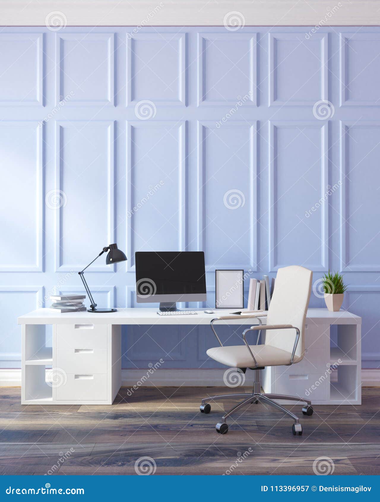 Light Blue Home Office Interior Stock Illustration - Illustration of ...