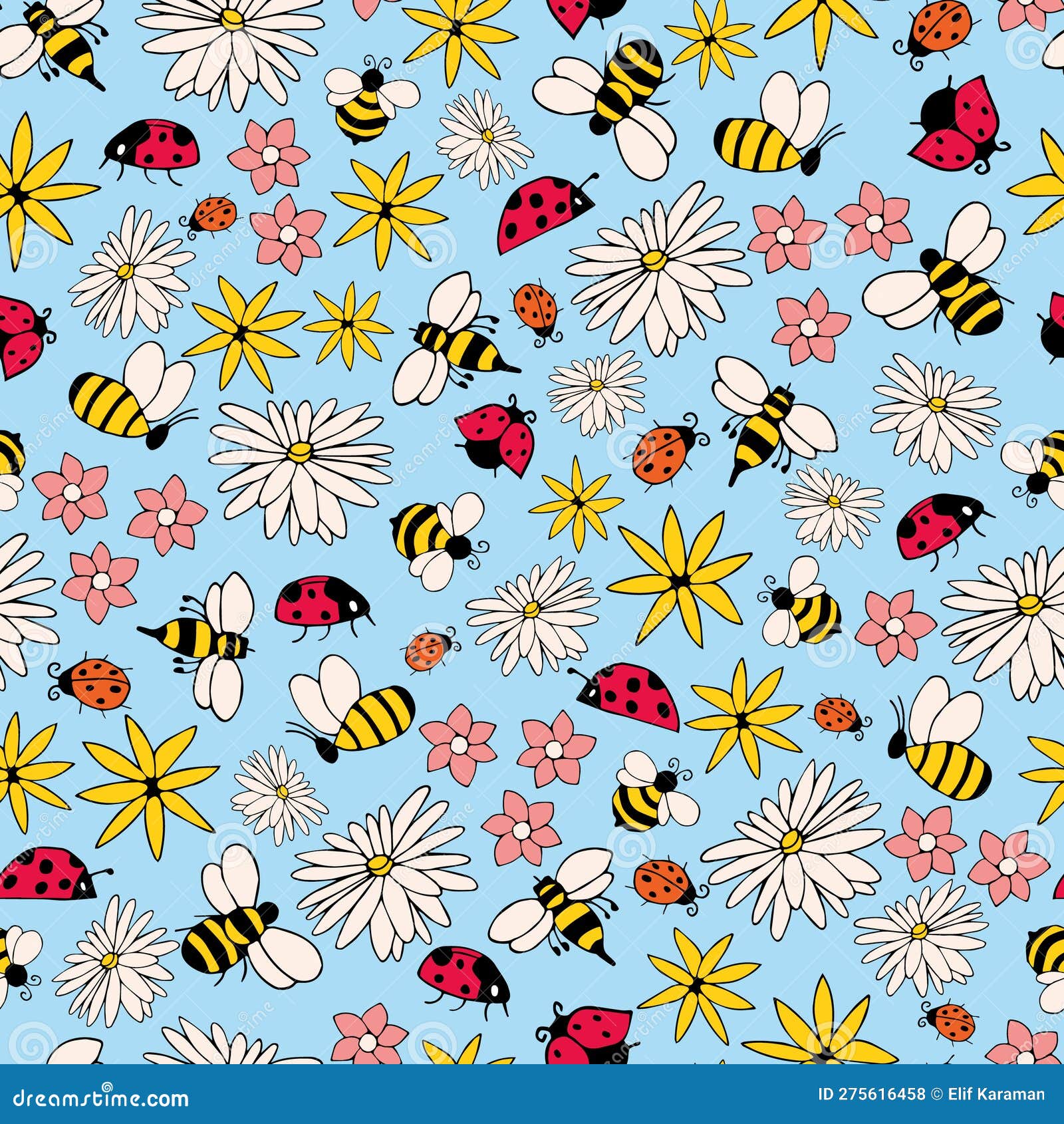 Light Blue Ladybugs and Bees Seamless Pattern Background. Summer ...