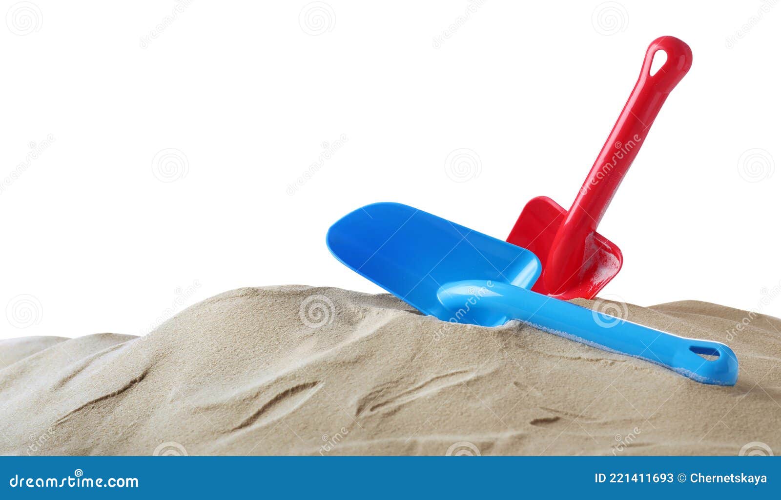 Light Blue and Red Plastic Toy Shovels on Pile of Sand Stock Image ...