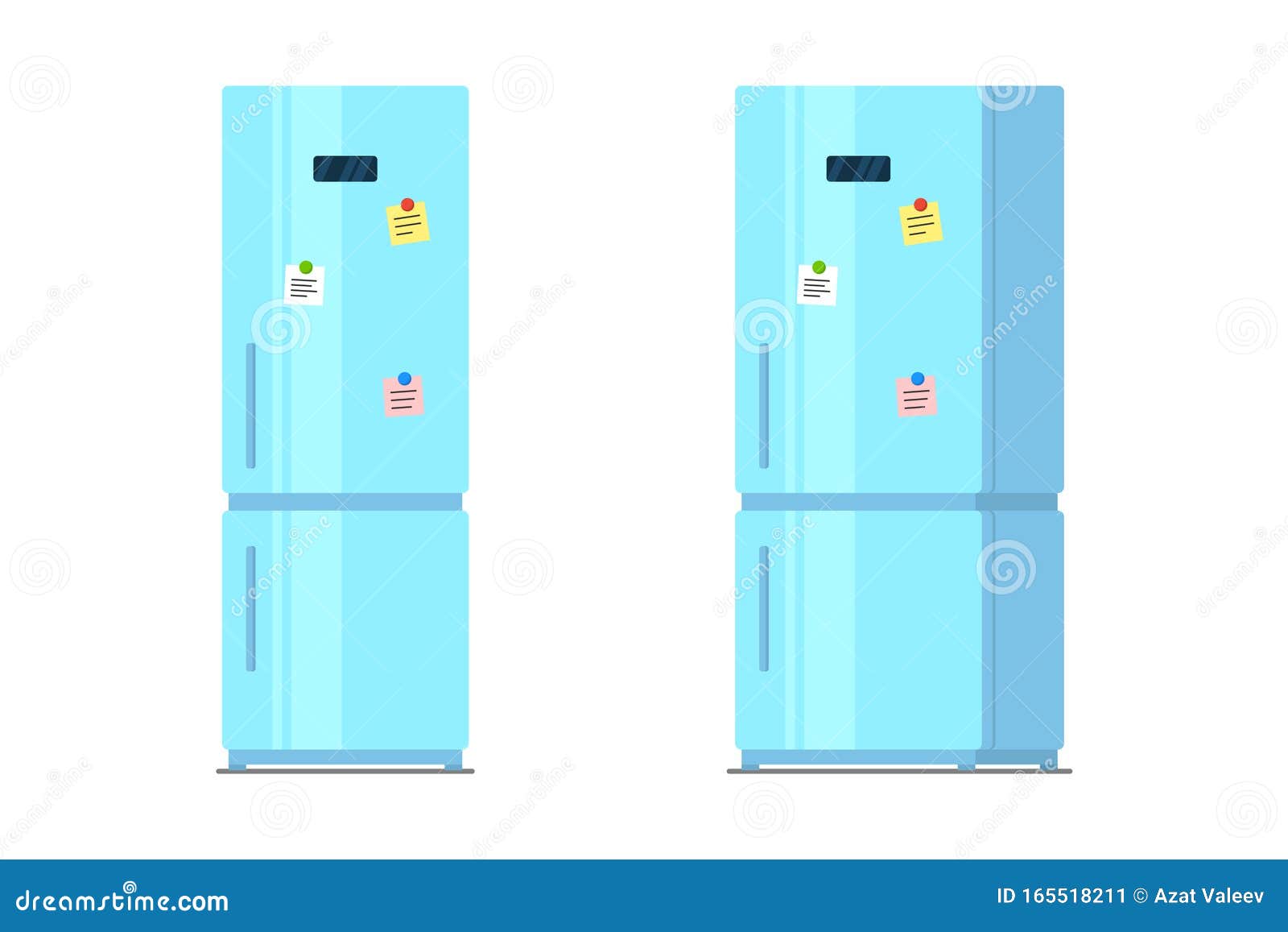 Light Blue Refrigerator with Magnet Notes Front and Side View. Vector ...