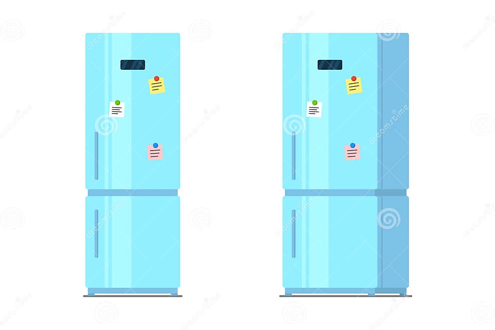 Light Blue Refrigerator with Magnet Notes Front and Side View. Vector ...