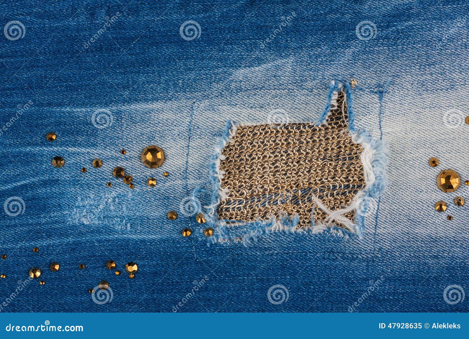 Light Blue Ripped Jeans with Rhinestones and Gold Thread Stock Image ...