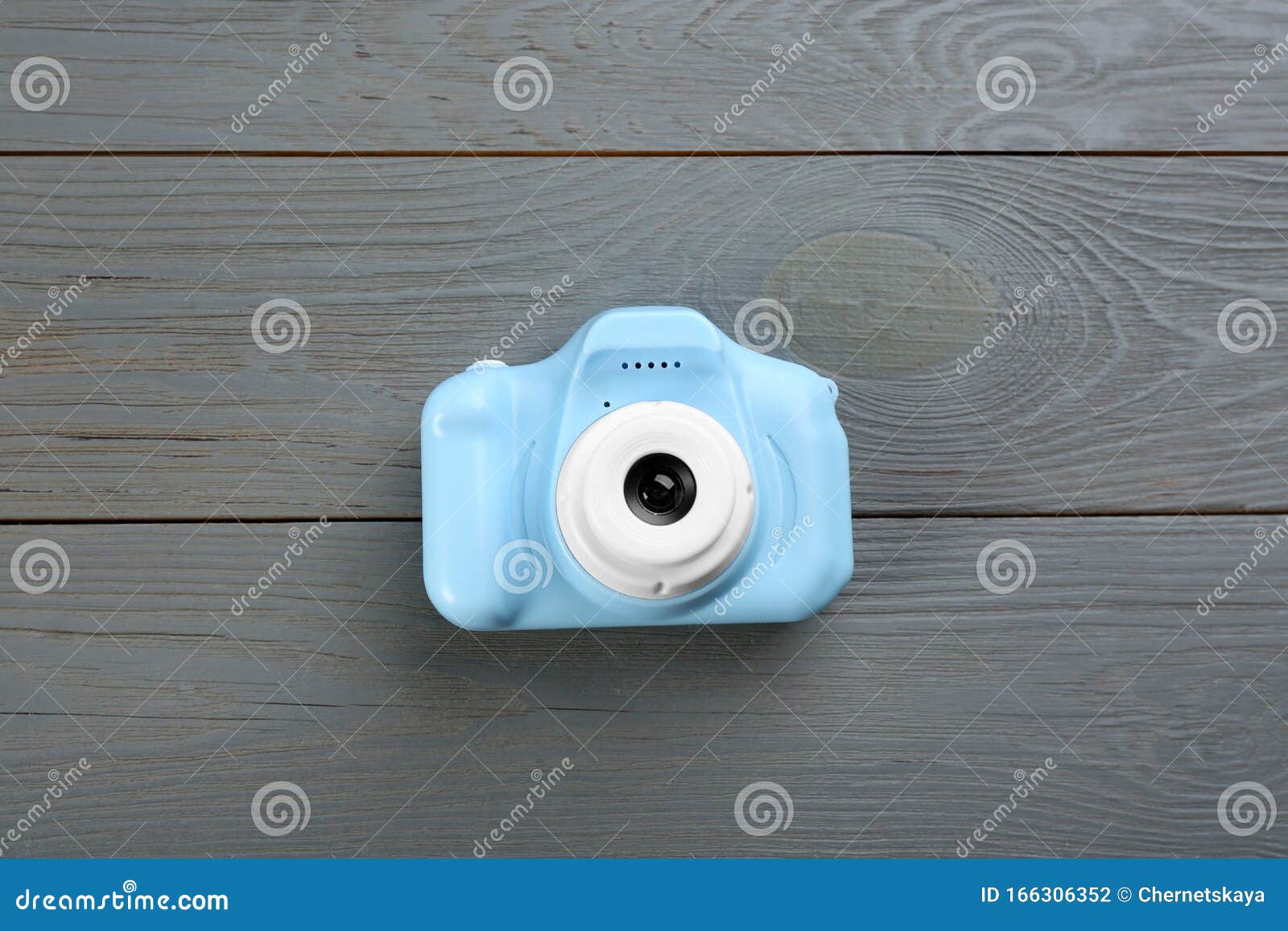 Light Blue Toy Camera on Grey Background, Top View Stock Photo - Image ...
