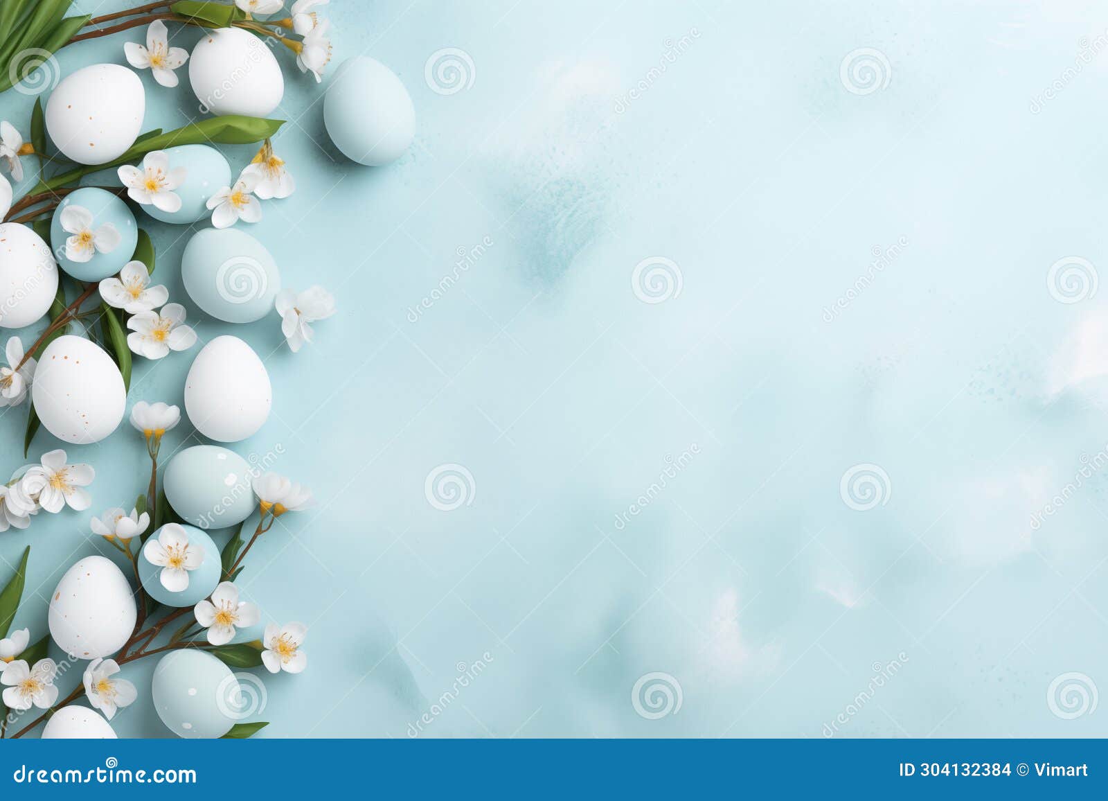 Light Blue and White Colored Easter Eggs with Blossom Cherry on Pastel ...