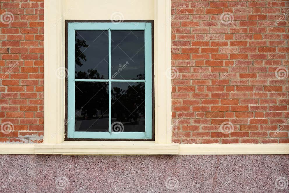 Light Blue Window on Brick Wall Stock Image - Image of background ...