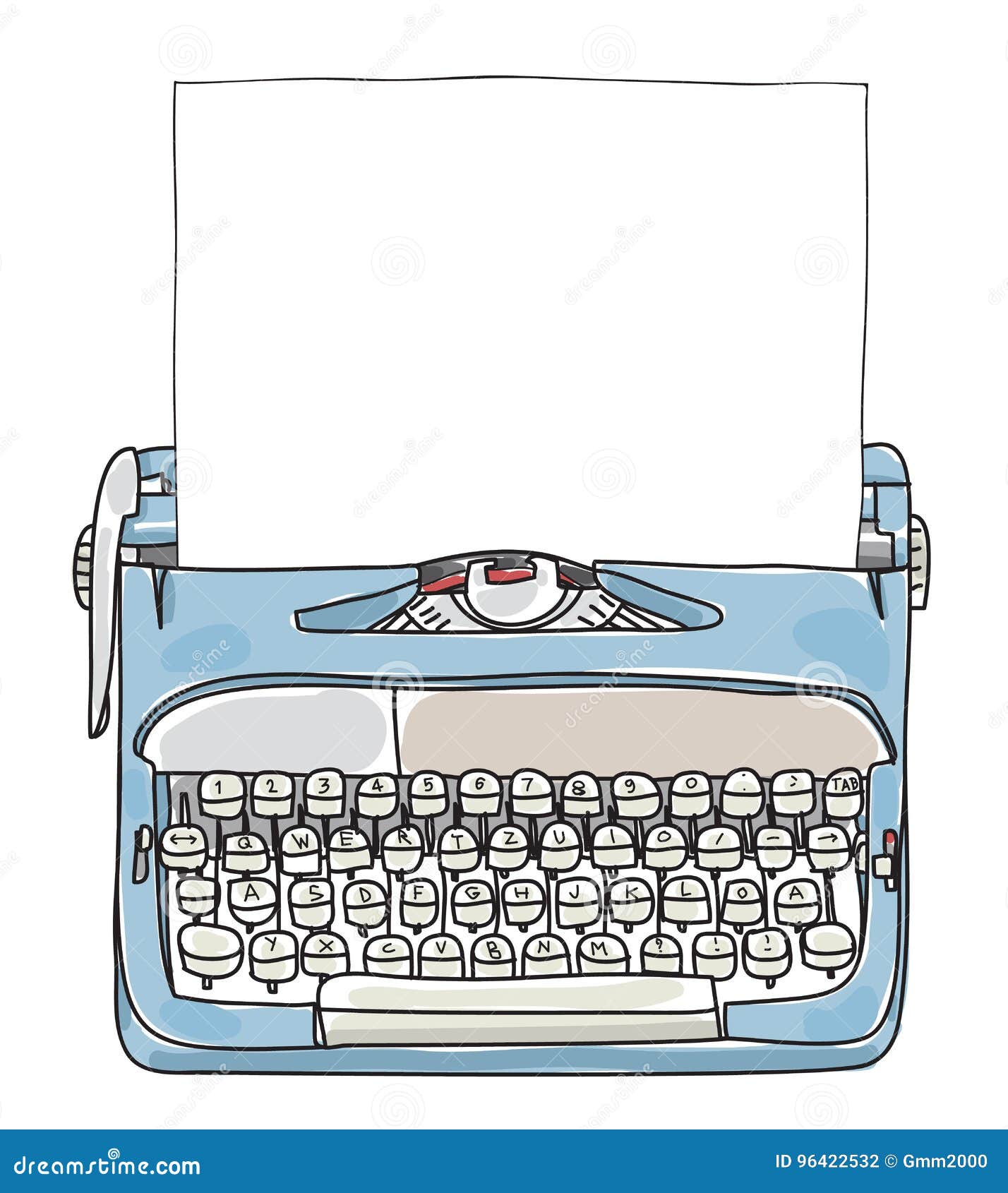 Light Blue Working Typewriter with Paper Hand Drawn Vector Cute Stock ...