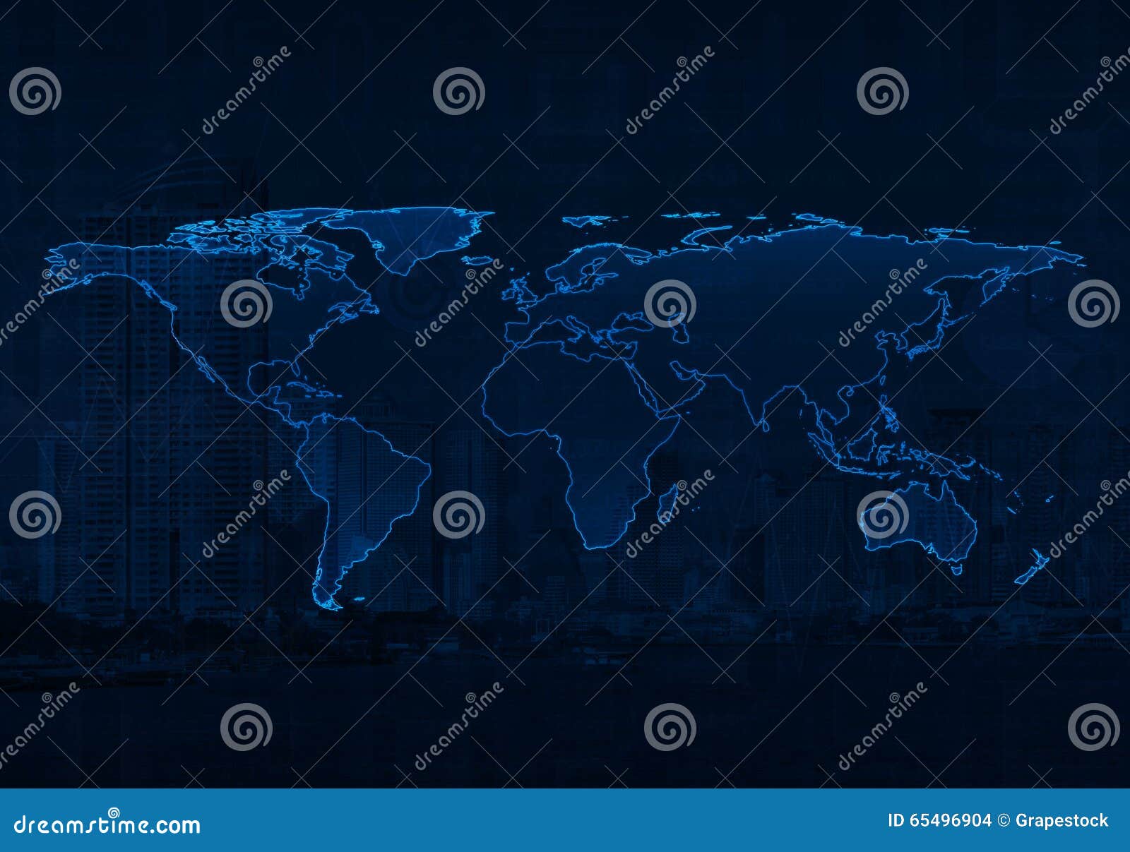 Light Blue World Map on City and Business Graph Background, Elem Stock ...