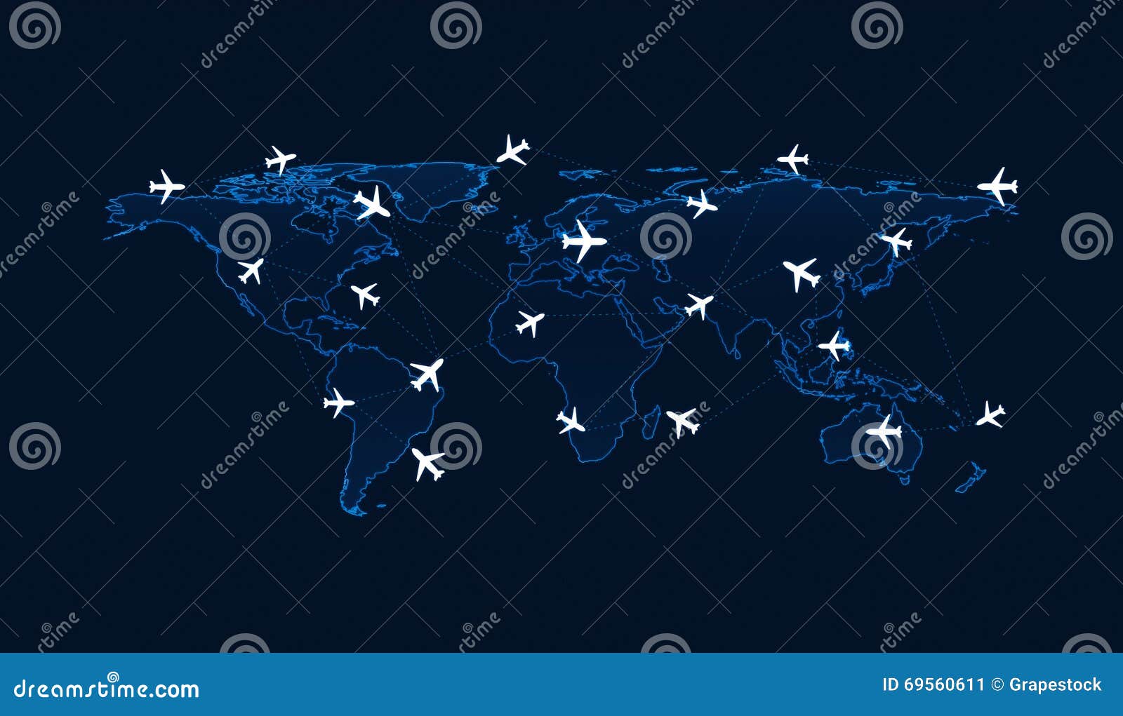 Light Blue World Map with Flight Routes Airplanes on Blue Background ...