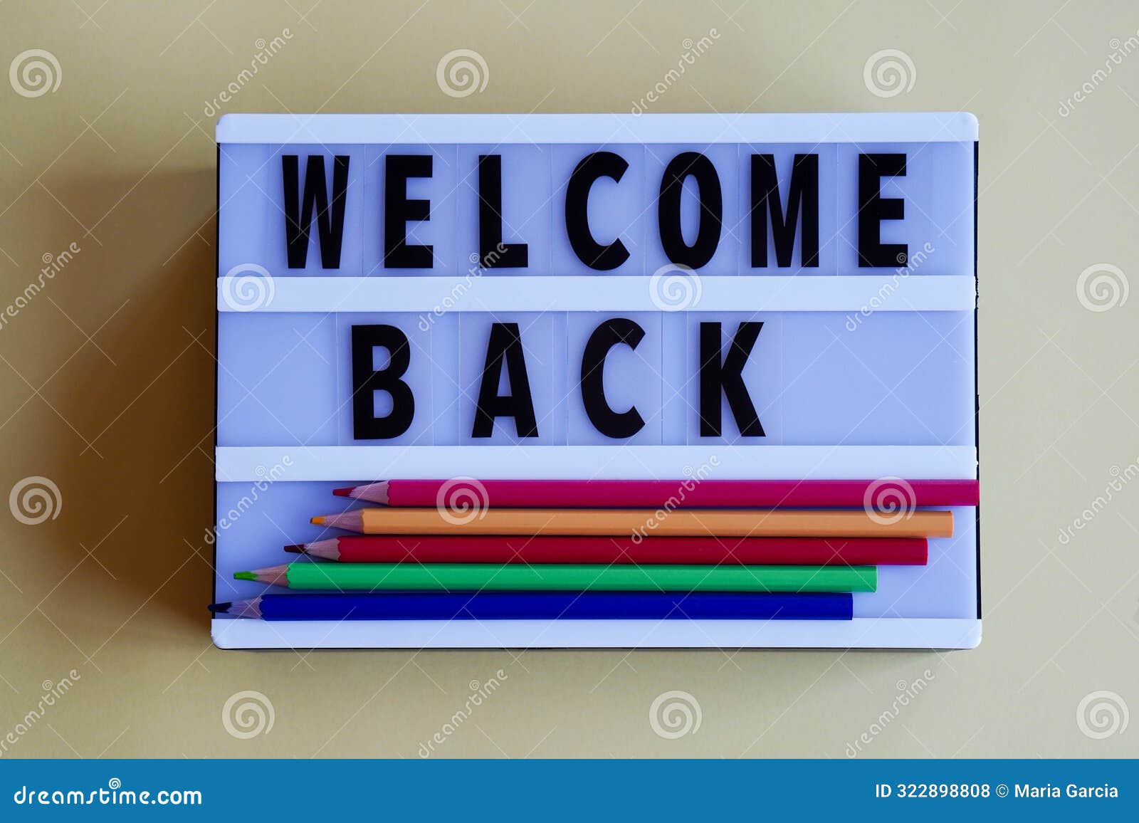 Light Box with Words WELCOME BACK and Colored Pencils Stock Photo ...