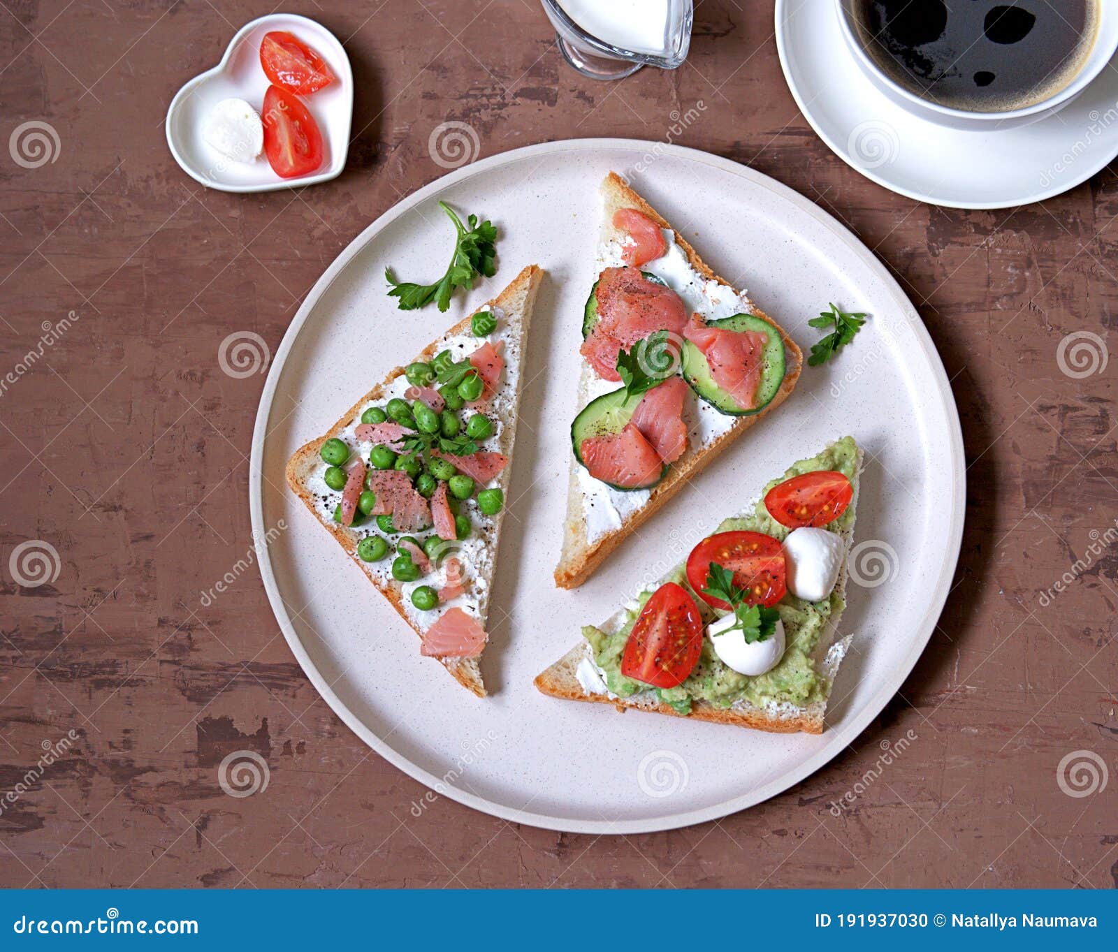 Light Breakfast, Assorted Toasts with a Variety of Fillings on a White ...