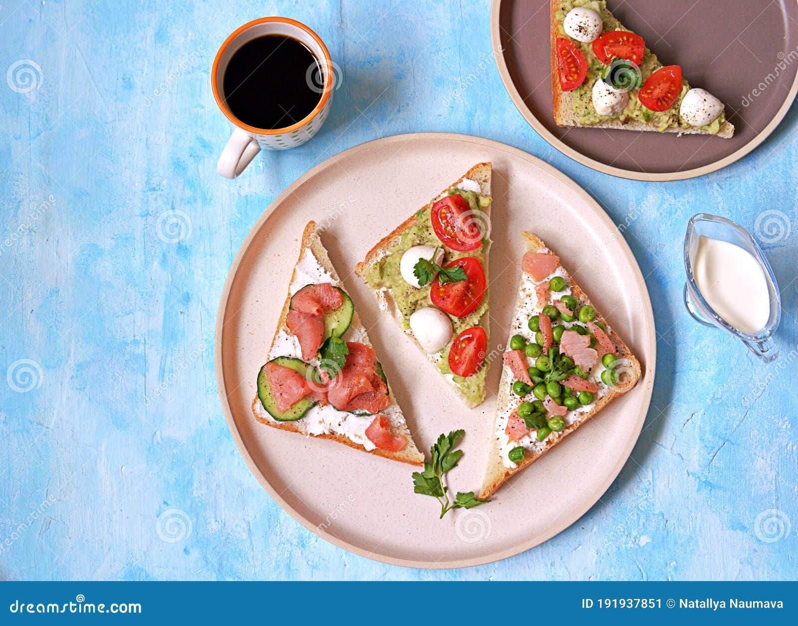 Light Breakfast, Assorted Toasts with a Variety of Fillings on a White ...