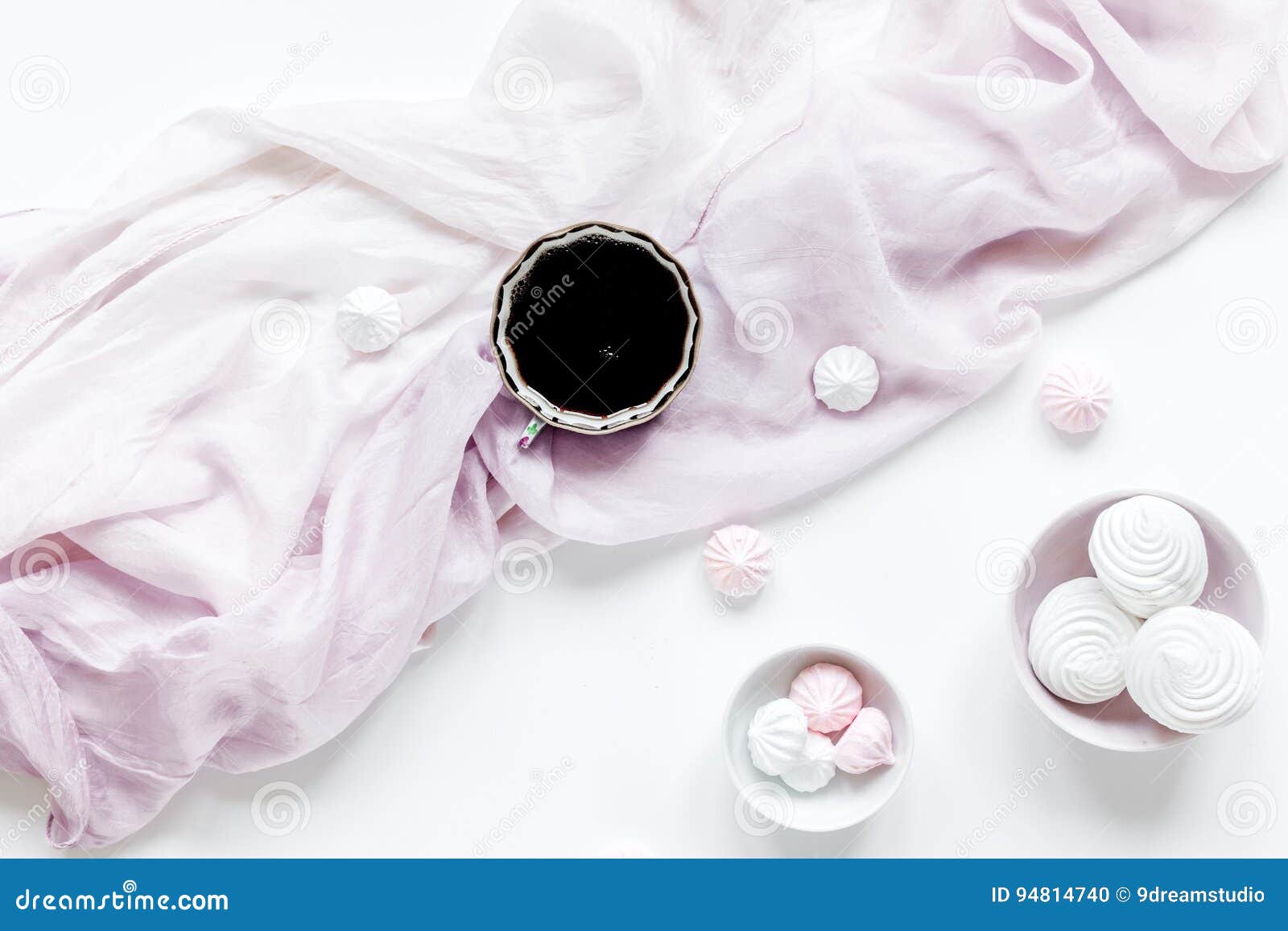 Light Breakfast with Marsh-mallow and Coffee on White Table Background ...