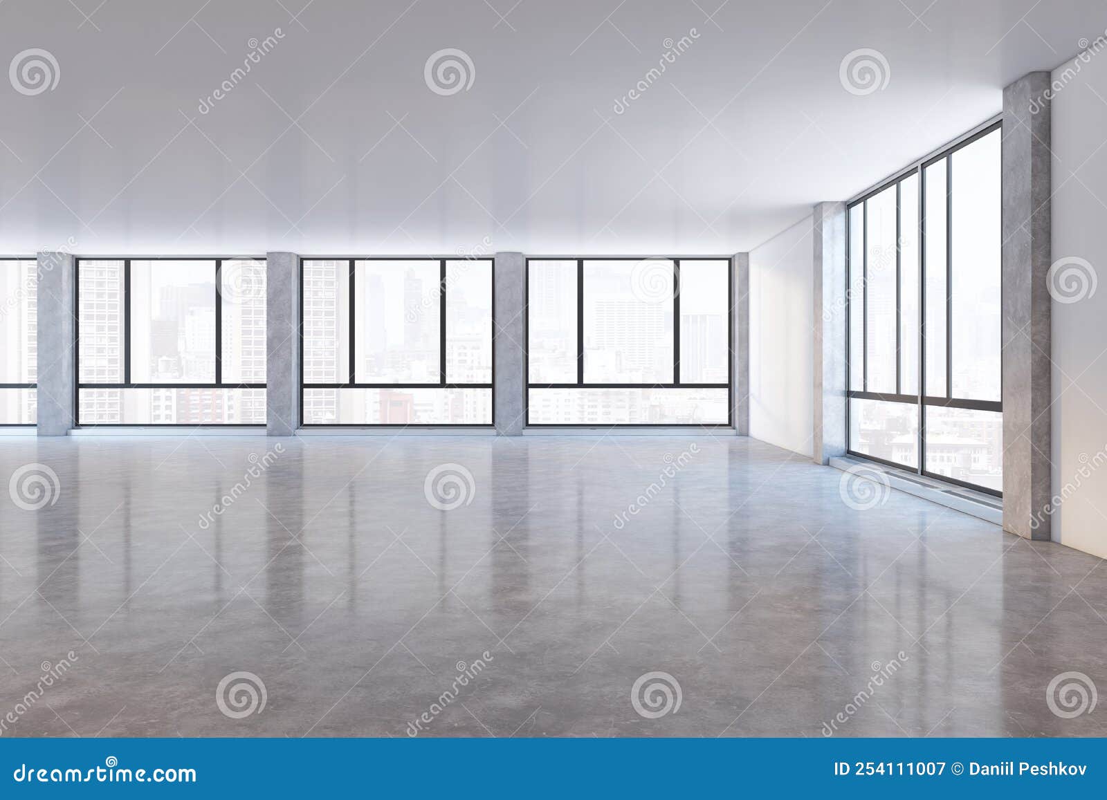 Light Bright Room Interior with Panoramic Windows, Reflections and ...