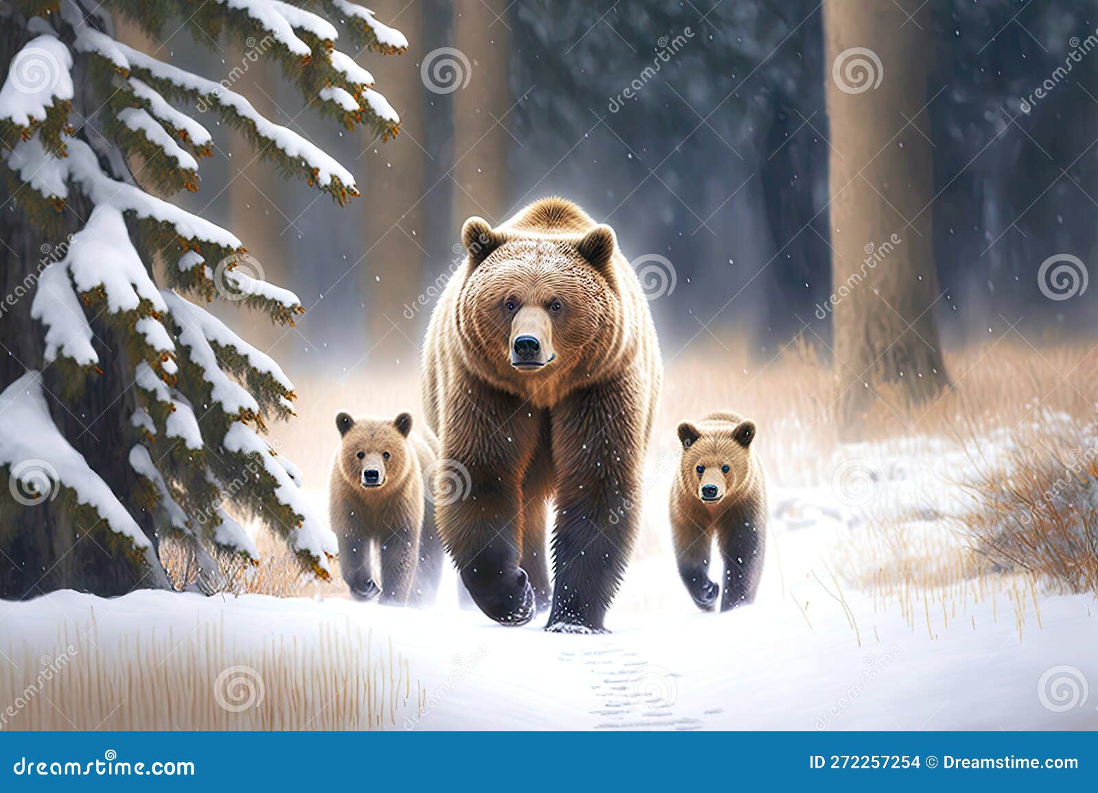 Light Brown Bear with Cubs Walks through Snow on Forest Path Stock ...