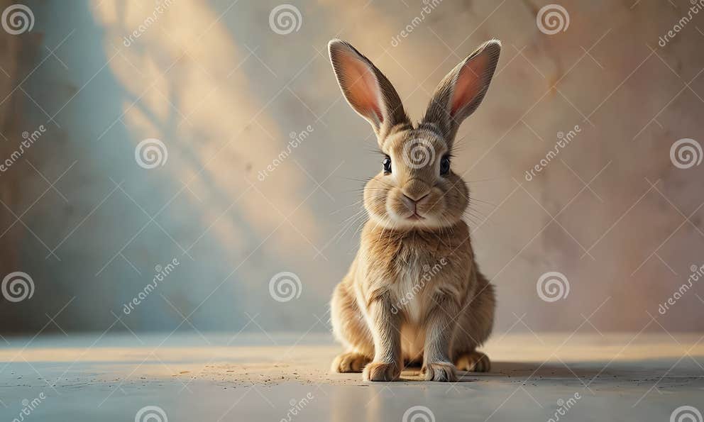 Light Brown Rabbit Sits on White Surface, Facing the Camera with Alert ...