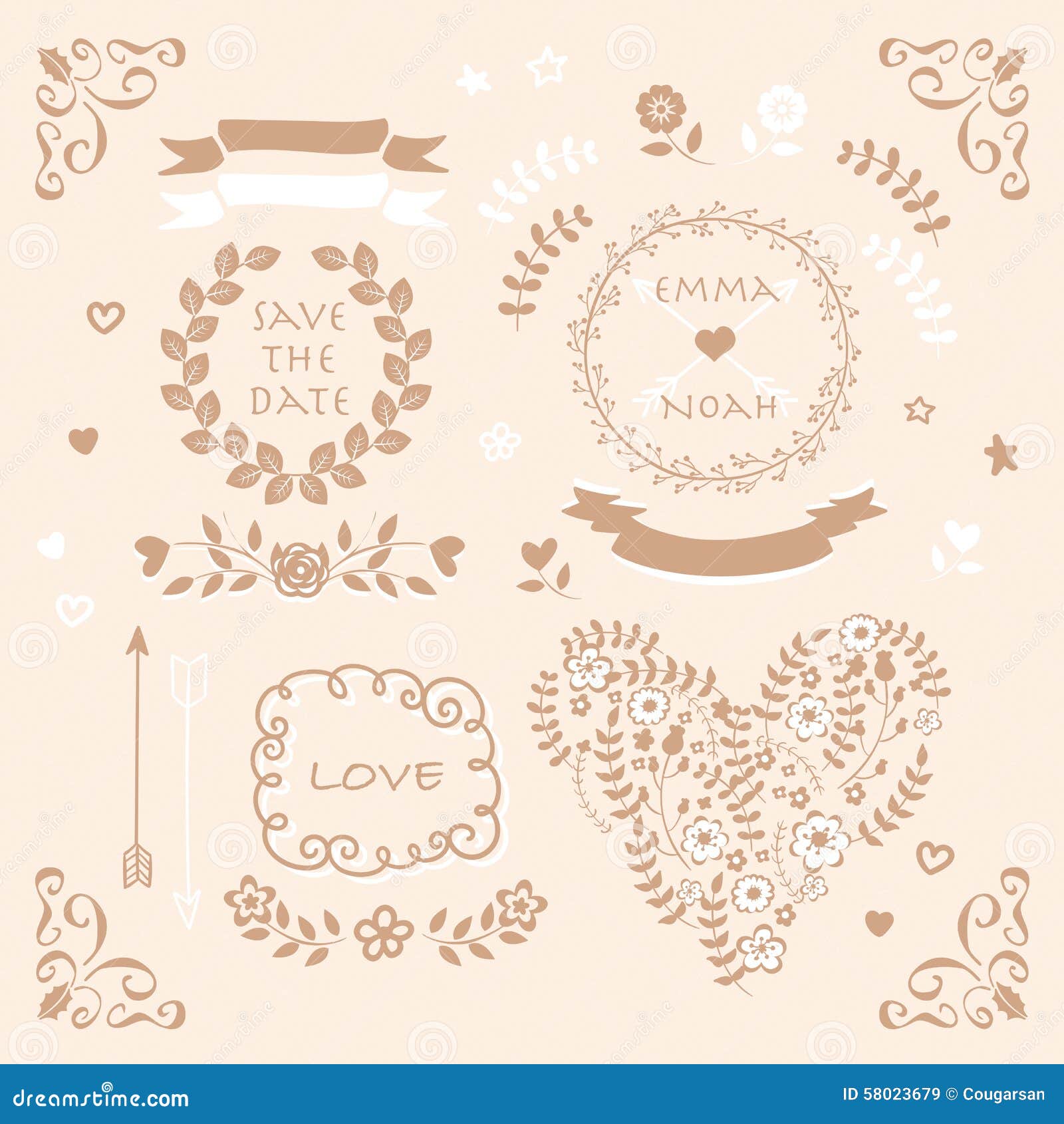Light Brown Vector Wedding Invitation Design Element Set Stock Vector ...