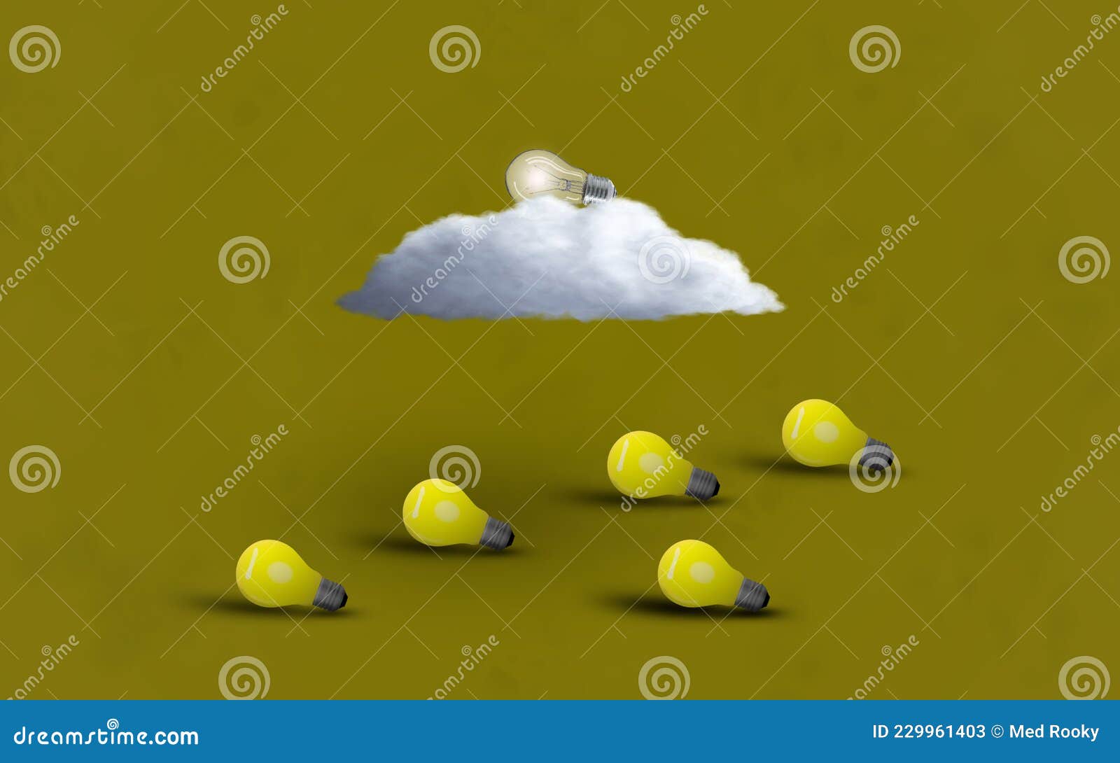 Light Bulb Above a Floating Cloud with Yellow Light Lamp Underground ...
