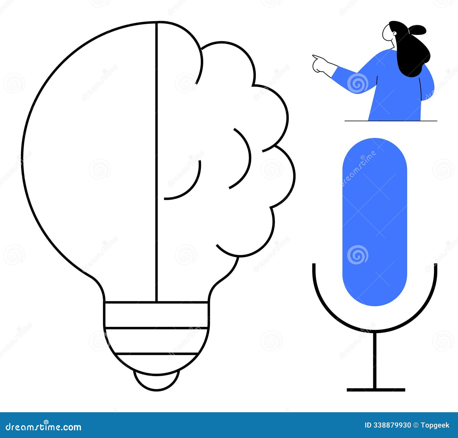 Light Bulb and Brain Concept with Person Gesturing Towards a Microphone ...