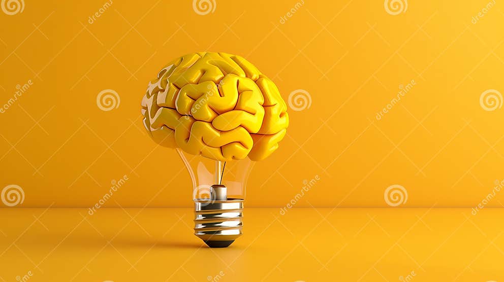 Light Bulb with Bright Yellow Brain Design on Top Against Solid Yellow ...