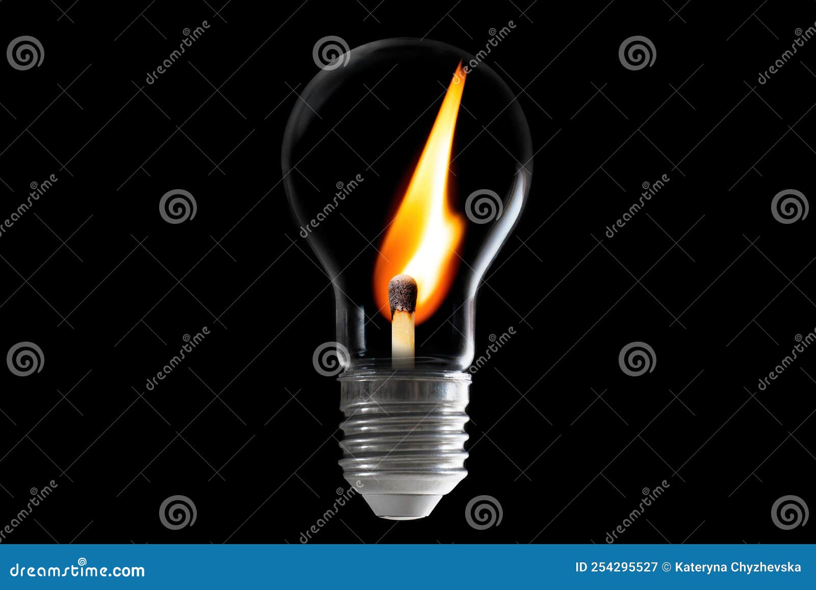 Light Bulb with a Burning Matchstick on Black Stock Image - Image of ...