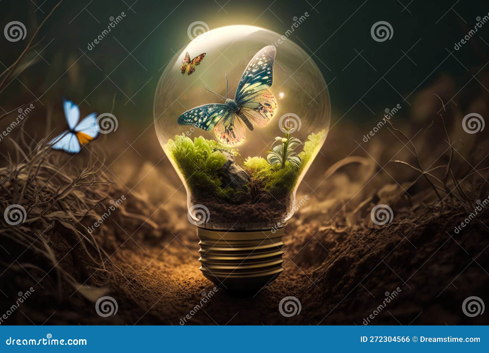 Light Bulb with Butterfly Inside of it on Top of Field of Grass ...