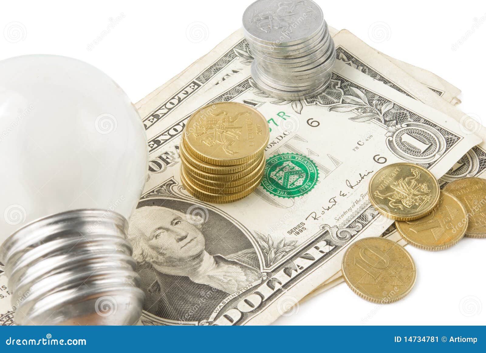 Light bulb with cash stock image. Image of coin, home - 14734781