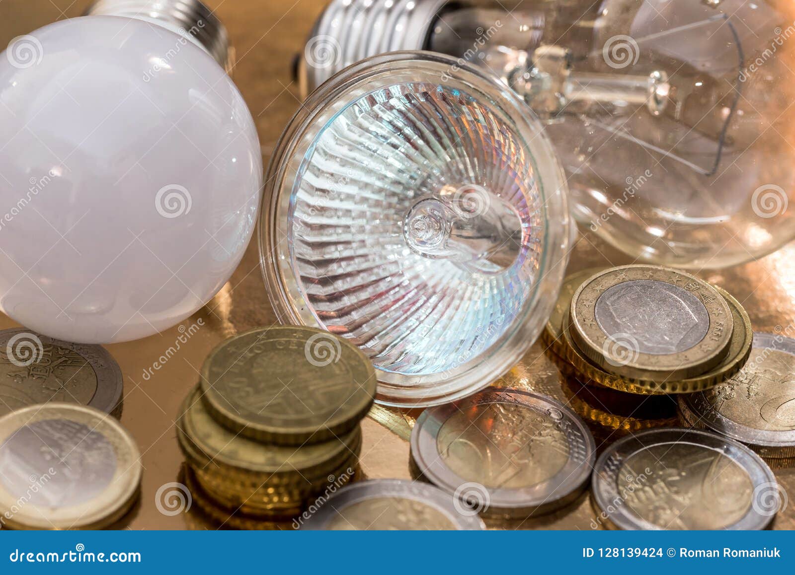 Light bulb with coin. stock photo. Image of coin, close - 128139424