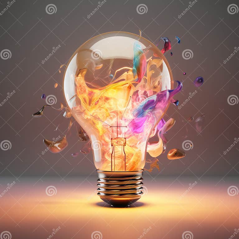 Light Bulb with Colour Explosion on Grey Background, Created Using ...