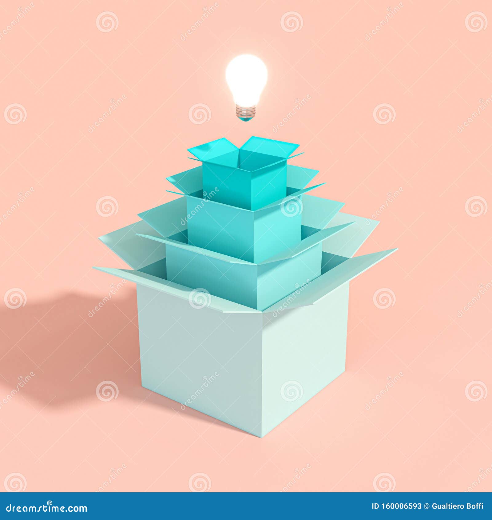 Light Bulb Coming Out of a Series of Boxes of Different Sizes Stock ...