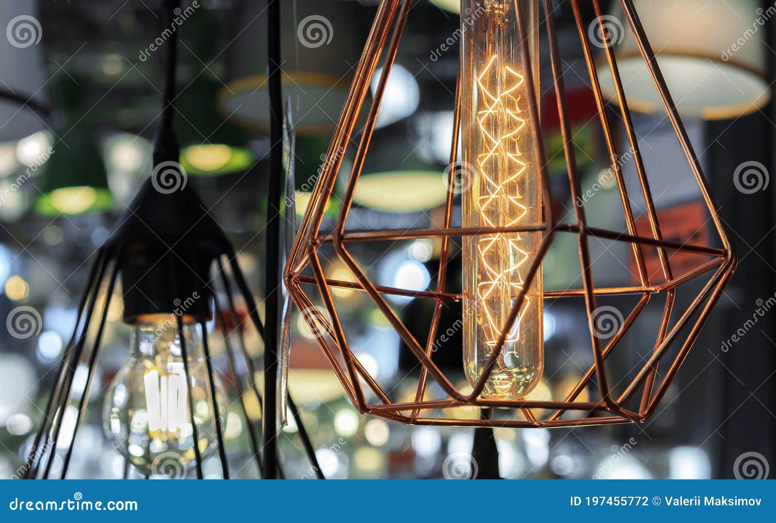 Light Bulb in a Copper Wire Plaphond. Light Bulb in Vintage Style Stock ...