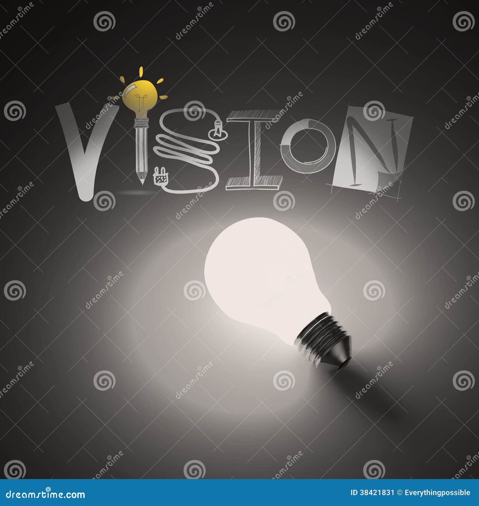 Light Bulb 3d and Hand Drawn VISION Stock Illustration - Illustration ...