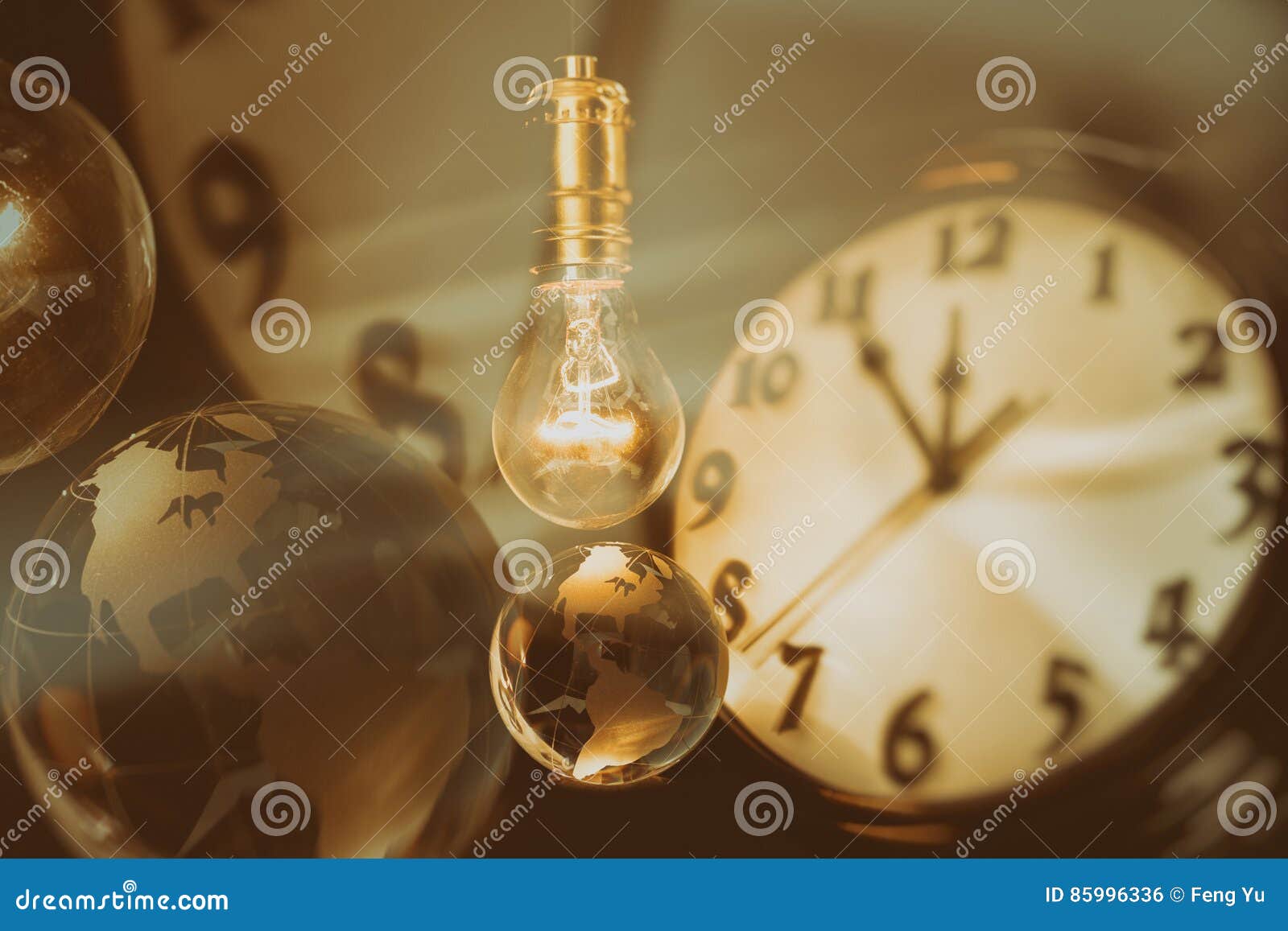 Light Bulb, Earth and Clock Stock Photo - Image of earth, think: 85996336